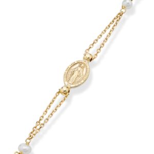 Miabella 18K Gold Over 925 Sterling Silver Handmade Italian White Freshwater Pearl Ball Beaded Sideways Rosary Cross Necklace for Women, Made in Italy (Length 18 Inch)