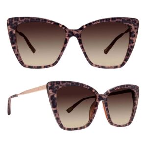 diff becky ii designer oversized cat eye sunglasses for women uv400 protection, leopard tortoise + brown