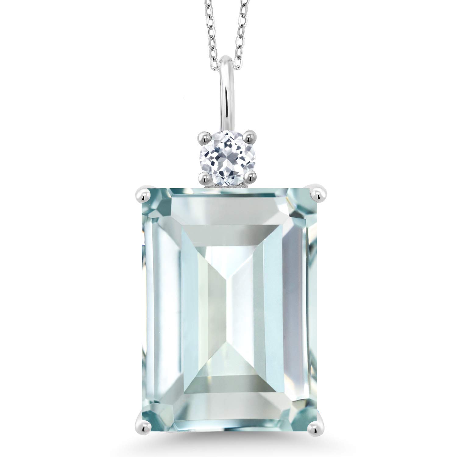 Gem Stone King 16.13 Cttw Sky Blue Simulated Aquamarine and White Topaz Pendant Necklace For Women In 925 Sterling Silver | Emerald Cut 18X13MM | With 18 Inch Silver Chain