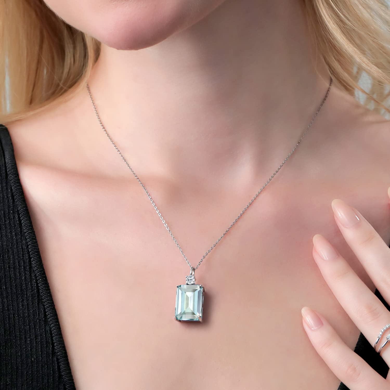 Gem Stone King 16.13 Cttw Sky Blue Simulated Aquamarine and White Topaz Pendant Necklace For Women In 925 Sterling Silver | Emerald Cut 18X13MM | With 18 Inch Silver Chain