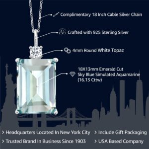 Gem Stone King 16.13 Cttw Sky Blue Simulated Aquamarine and White Topaz Pendant Necklace For Women In 925 Sterling Silver | Emerald Cut 18X13MM | With 18 Inch Silver Chain