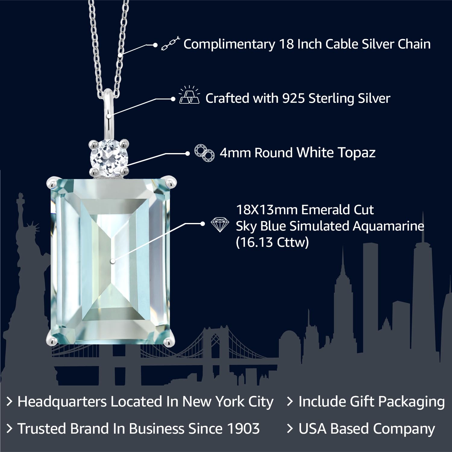 Gem Stone King 16.13 Cttw Sky Blue Simulated Aquamarine and White Topaz Pendant Necklace For Women In 925 Sterling Silver | Emerald Cut 18X13MM | With 18 Inch Silver Chain