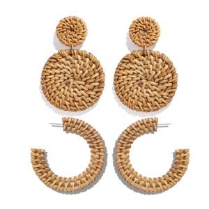 Rattan Earrings Statement Hoop Earrings for Women Straw Earrings Woven Dangle Drop Earrings (Rattan Earrings Set)