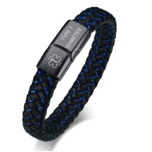 vnox blue type 1 diabetes braided leather medical symbol caduceus with stainless steel cuff wristband bracelet,8.5 inches