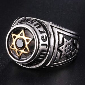 Stainless Steel Jerusalem Stat of David Black Onyx Singet Ring (Silver, 9)