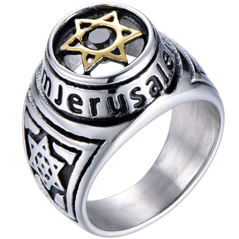 Stainless Steel Jerusalem Stat of David Black Onyx Singet Ring (Silver, 9)