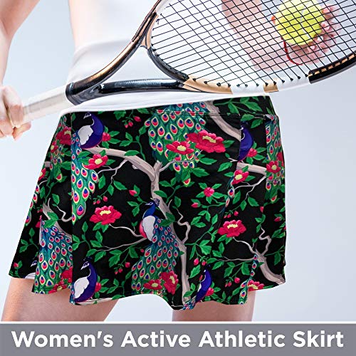 XrSzChic Womens Tennis Golf Skirt Athletic Exercise Printed Skorts Short Pocket Black Peacock, Large