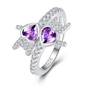 emsione 925 sterling silver plated created amethyst 2 heart cz cut whit rock hands eternity ring anniversary wedding engagement band ring size 9 color purple