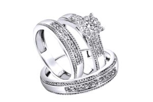 affy white natural diamond wedding & engagement trio band ring set in 10k solid white gold (0.87 carat, i-j color, i2-i3 clarity)