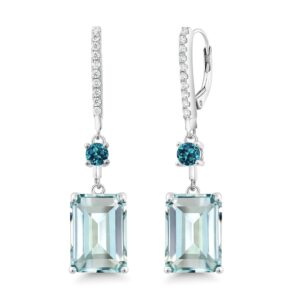 gem stone king 925 sterling silver sky blue simulated aquamarine and london blue topaz dangle earrings for women (14.24 cttw, gemstone birthstone, emerald cut 14x10mm)