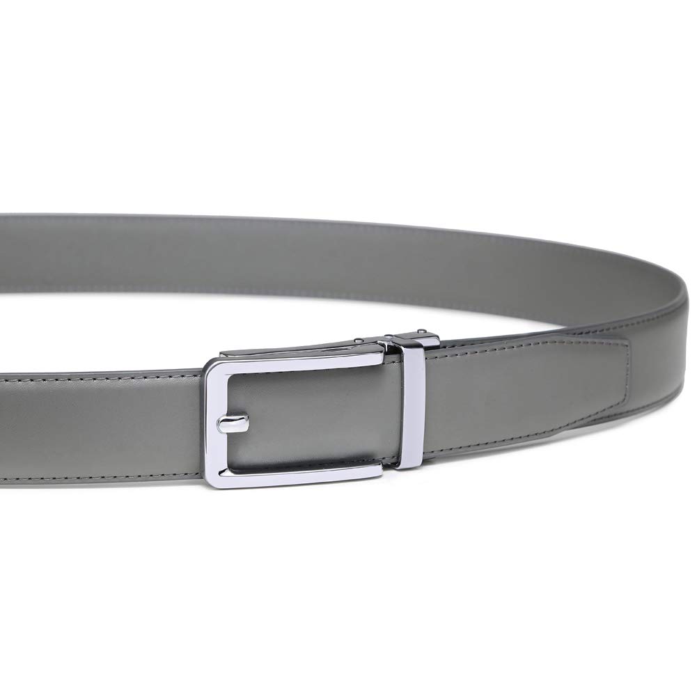 Founders & C Men's Leather Ratchet Click Belt Dress with Slide Buckle -Adjustable Trim to Fit (28"-42" Waist Adjustable, Square Chrome Buckle W Grey/Gray Leather)