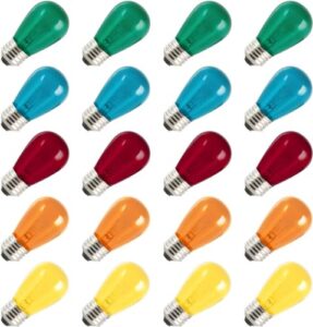 s14 christmas replacement light bulbs, 20 pack glass edison vintage bulbs, 11 watt, e26 medium base, waterproof commercial christmas bulbs for indoor outdoor home patio garden decoration, multicolor