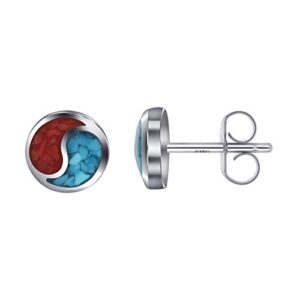 yin-yang design turquoise and coral gemstone 925 sterling silver stud earrings for women