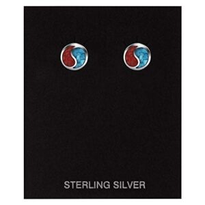 Yin-Yang Design Turquoise and Coral Gemstone 925 Sterling Silver Stud Earrings for Women