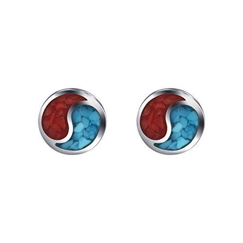 Yin-Yang Design Turquoise and Coral Gemstone 925 Sterling Silver Stud Earrings for Women