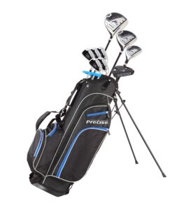 precise m3 men's complete golf clubs package set includes driver, fairway, hybrid, 6-pw, putter, stand bag, 3 h/c's - right handed - regular or tall size (blue - tall size +1", right handed)