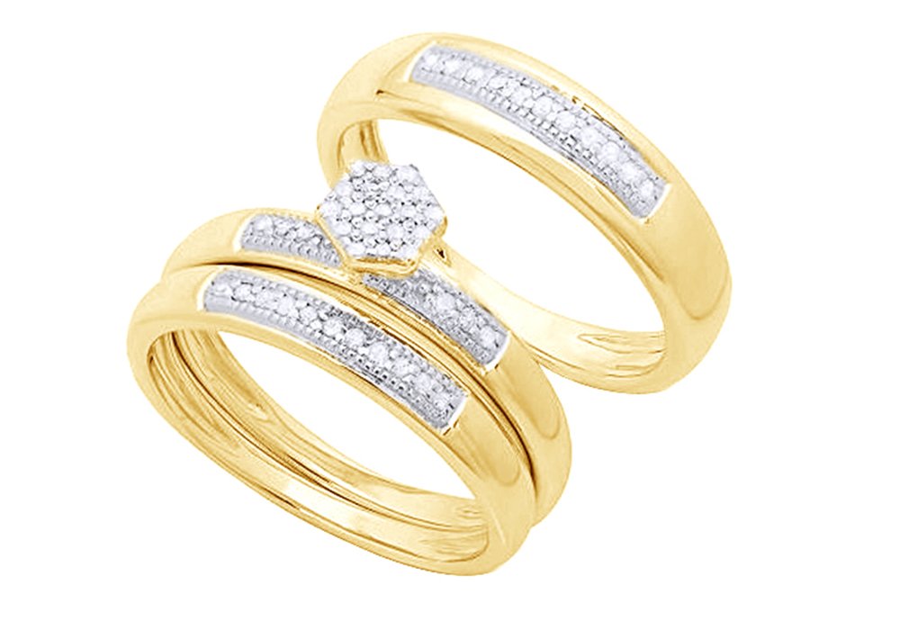 AFFY White Natural Diamond Engagement & Wedding Trio Band Ring Set in 14k Yellow Gold Over Sterling Silver (0.3 Carat)