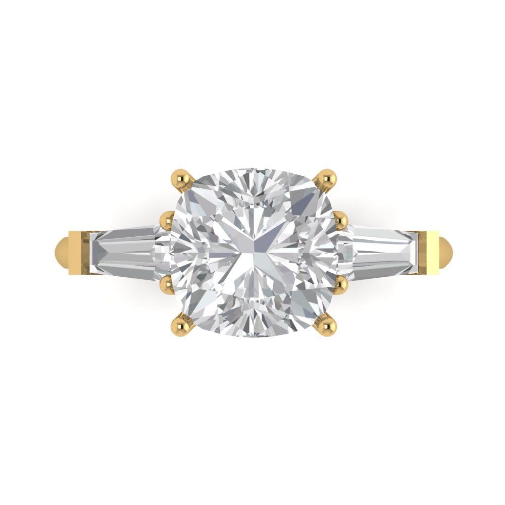 Clara Pucci 3.44ct Cushion cut 3 stone Solitaire Moissanite Designer Wedding Bridal art deco Anniversary Ring 14k Yellow Gold 3.50