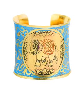 touchstone new indian bollywood desire brass base beautifully rich indian ethnic elephant motif fabulous meenakari enamel thick wrist enhancer designer jewelry cuff bracelet in gold tone for women.