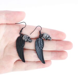 HAQUIL Goth Black Angel Wing Skull Earrings, Halloween Gothic Skull Jewelry Gift for Women