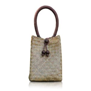 qtkj hand-woven mini retro straw handbag bag summer beach boho rattan tote travel bag with wood beaded tassel pendant (beige)