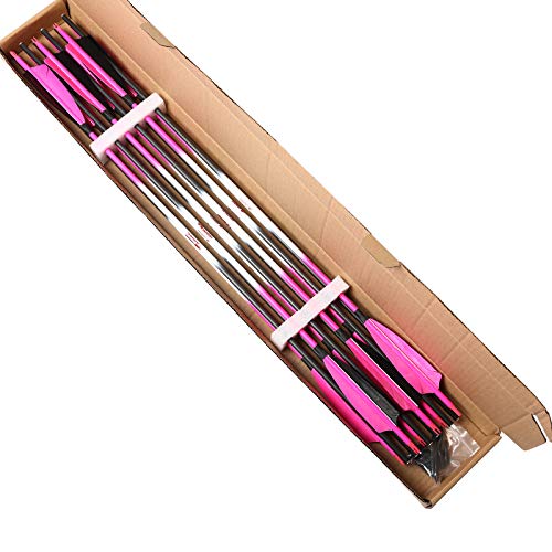 Linkboy Archery Spine 300-600 Arrows Pure Carbon ID6.2mm Shaft Fluorescent Pink Turkey Vanes Points Bow Hunting Shooting 6PCS (Spine 300 30inch)