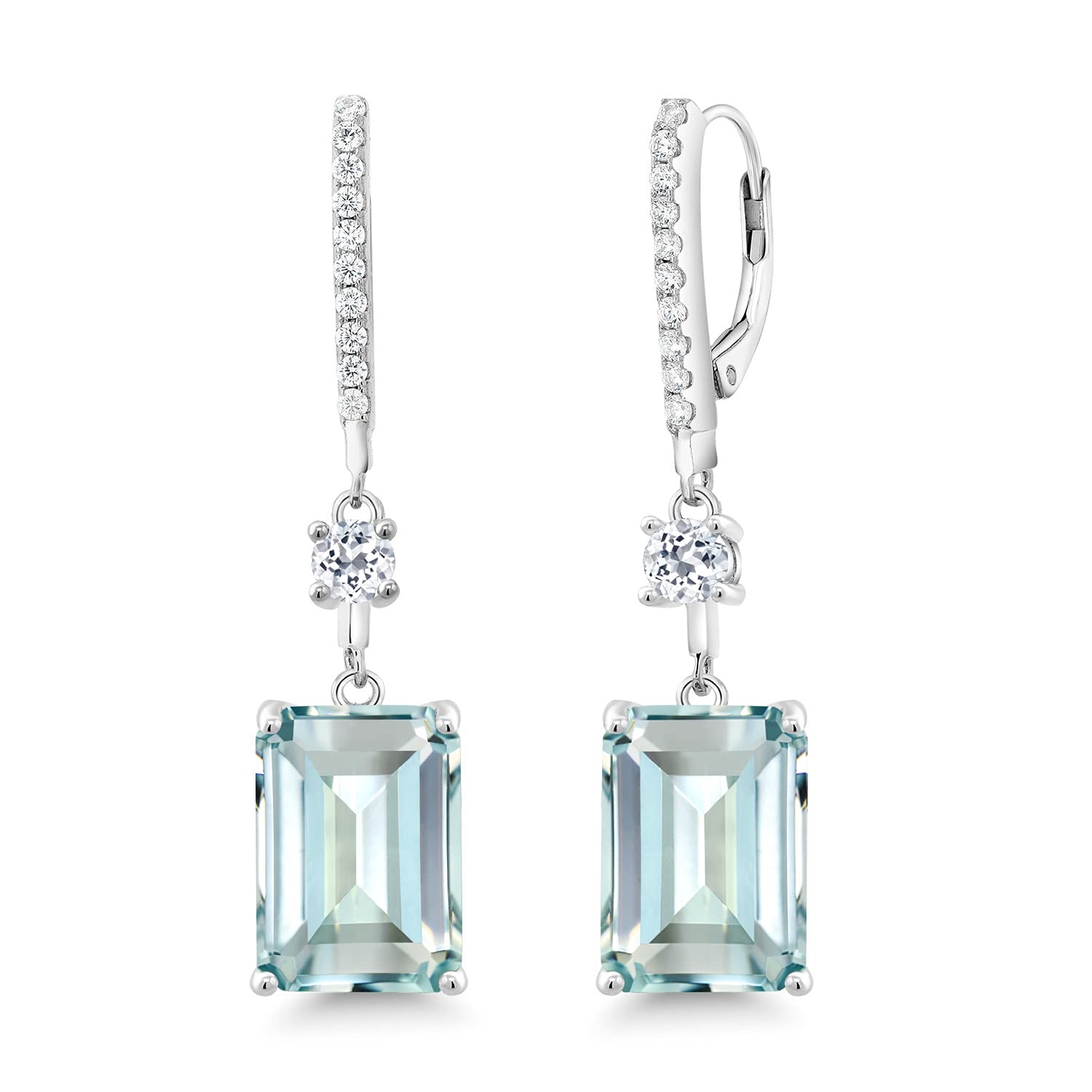 Gem Stone King 925 Sterling Silver Sky Blue Simulated Aquamarine Earrings | Gemstone Birthstone | Drop Dangle Earrings For Women | 14.24 Cttw | Emerald Cut 14X10MM