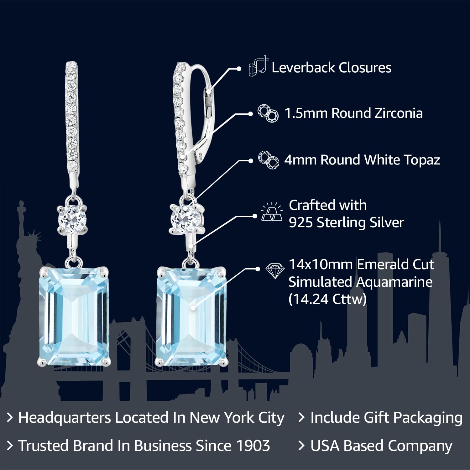 Gem Stone King 925 Sterling Silver Sky Blue Simulated Aquamarine Earrings | Gemstone Birthstone | Drop Dangle Earrings For Women | 14.24 Cttw | Emerald Cut 14X10MM