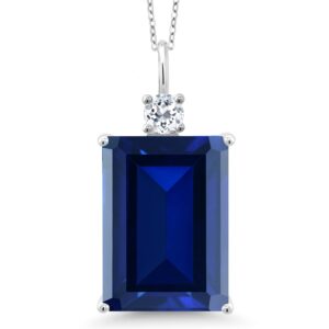 gem stone king 17.83 cttw blue created sapphire and white topaz pendant necklace for women in 925 sterling silver | emerald cut 18x13mm | with 18 inch silver chain