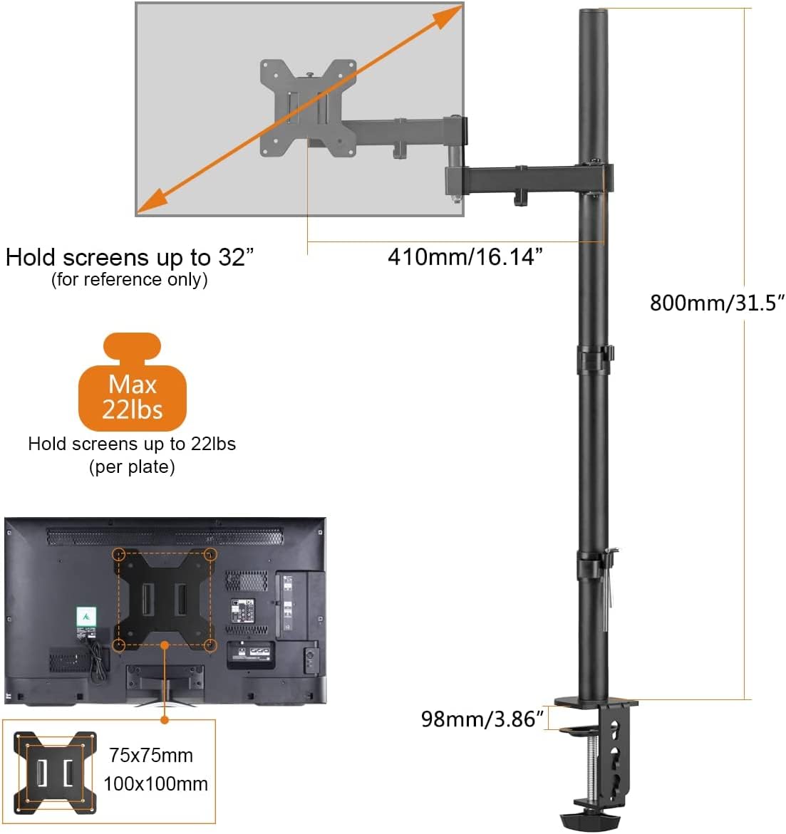 Bracwiser Single Fully Adjustable Standing Height Monitor Arm Stand Mount 800mm Tall for Monitor Computer Screen 13 15 17 19 20 22 23 24 26 27 30 32 inch VESA 75 100 (MD7821)