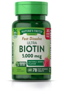 nature's truth ultra biotin 5000mcg | 78 fast dissolve tablets | hair skin and nails supplement | natural berry flavor | vegetarian, non-gmo, gluten free