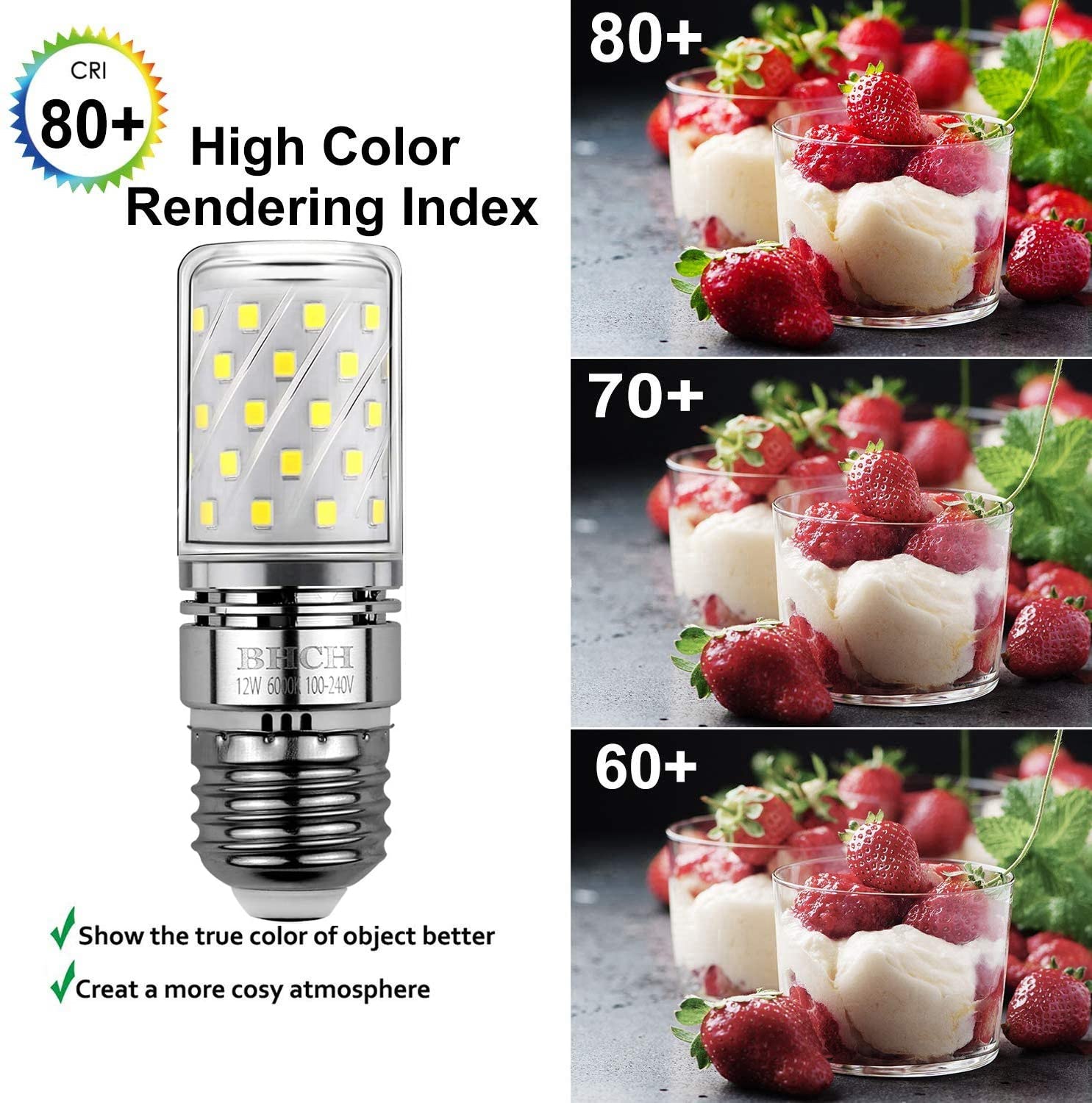 BHCH E26 LED Corn Bulbs 12W,6000K Daylight White,1200LM,Edison Screw Bulbs,100W Incandescent Bulbs Equivalent,Pack of 4