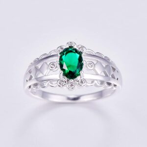 Emsione 925 Sterling Silver Plated Created Emerald Quartz CZ Oval Cut with Round Side Stones Wedding Engagement Eternity Band Ring Size 9 Color Green