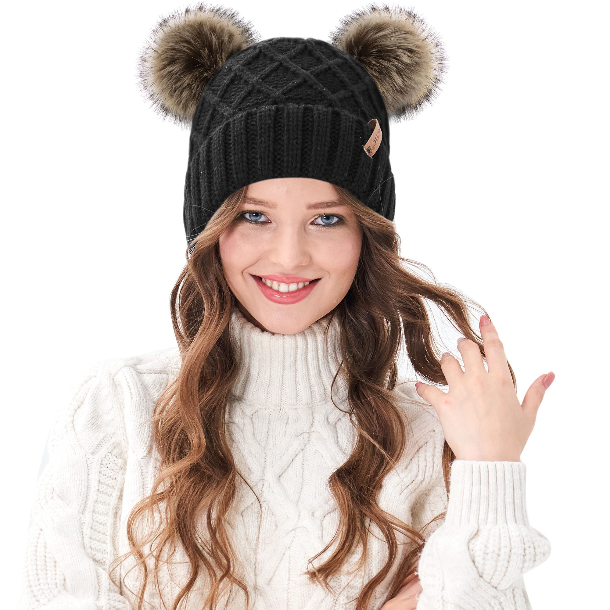 Arctic Paw Women Winter Beanie Fleece Lined Pom Pom Beanie Hat Black Hat Coffee Ball