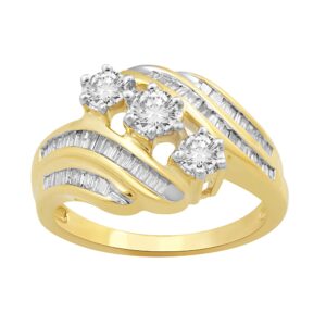 jewelili 10k yellow gold 3/4 cttw natural white baguette and round diamond 3 stone ring, size 8