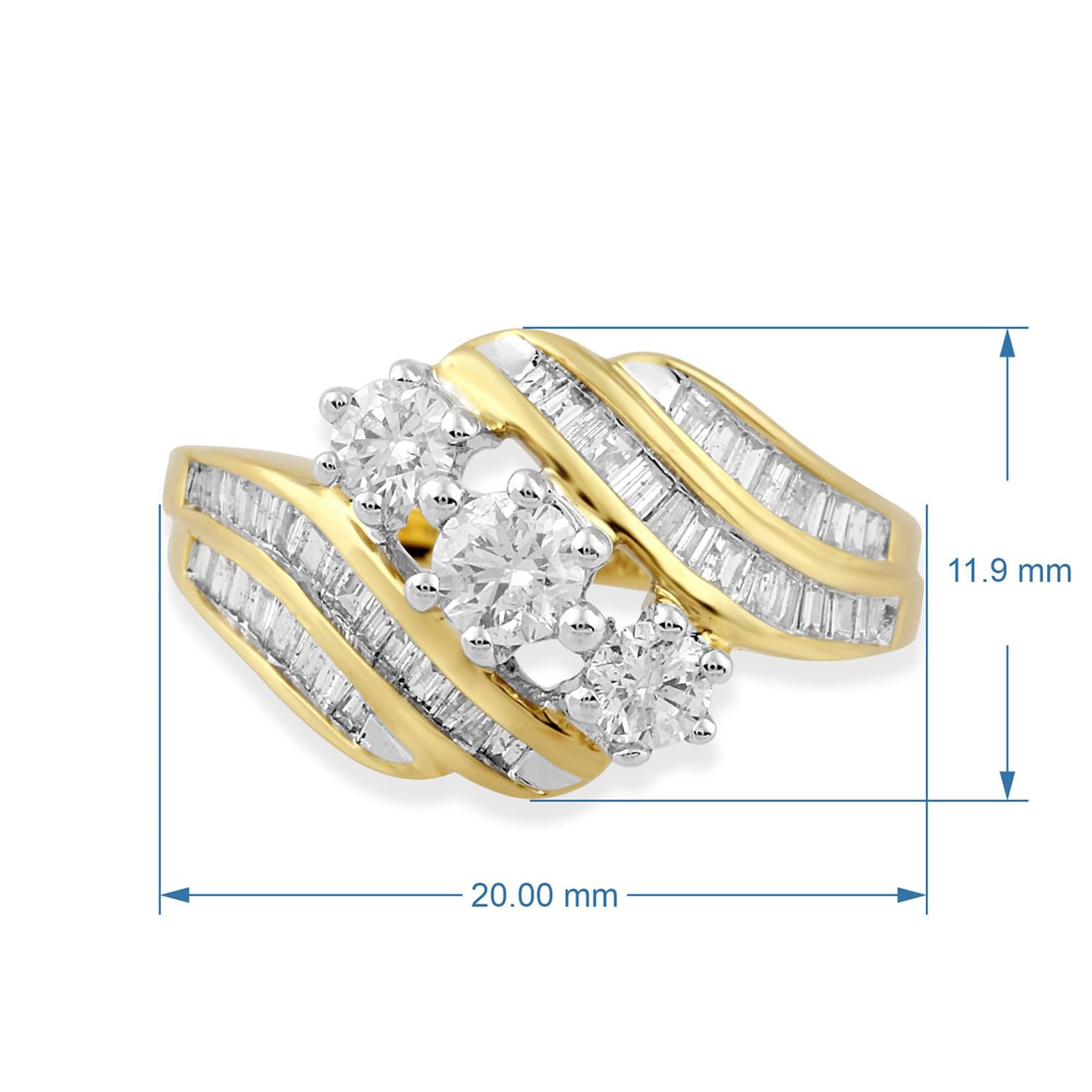 Jewelili 10K Yellow Gold 3/4 Cttw Natural White Baguette and Round Diamond 3 Stone Ring, Size 8