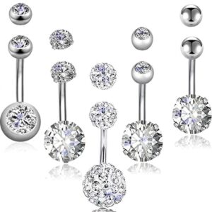 5 pcs 14g stainless steel belly button rings for women girls, yeelong 5 style silver navel piercing body piercing jewelry