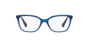 ralph by ralph lauren women's ra7110 square prescription eyewear frames, shiny transparent blue/demo lens, 54 mm