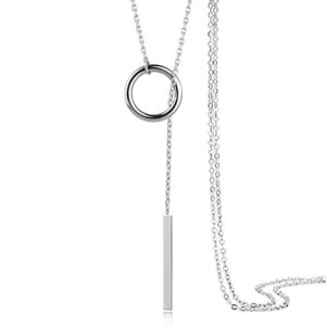 925 sterling silver round stick cross bar lariat y pendant necklace long tassel sweater chain for women gift (sterling silver)