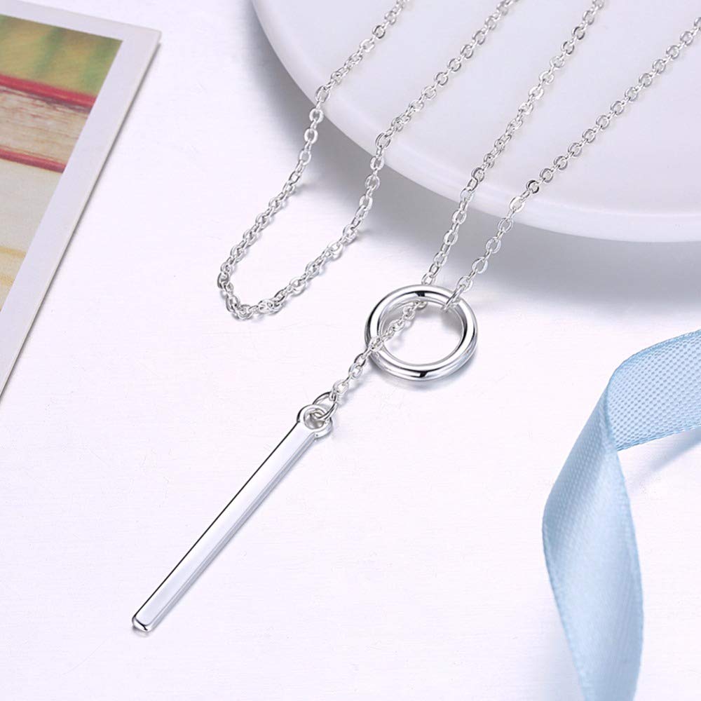 925 Sterling Silver Round Stick Cross Bar Lariat Y Pendant Necklace Long Tassel Sweater Chain for Women Gift (Sterling Silver)