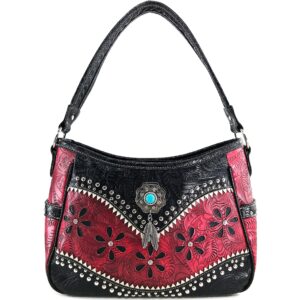 zelris floral western pu tooled leather turquoise concho feathers conceal carry women hobo purse handbag (red)