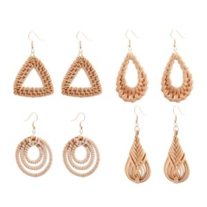 4 pairs lightweight rattan knit dangle earrings bohemia straw wicker braid woven geometric statement earring women bamboo jewelry-style 2