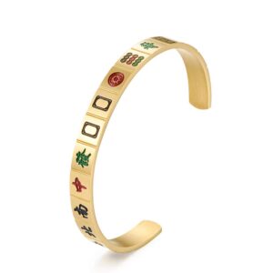 inreng men's women's stainless steel creative mahjong cuff bangle bracelet lucky mah jong mah-jongg personalized jewelry, ssy gold