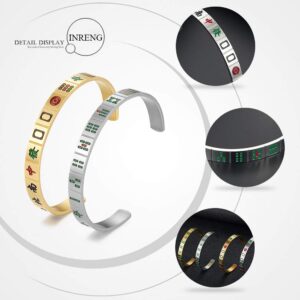 INRENG Men's Women's Stainless Steel Creative Mahjong Cuff Bangle Bracelet Lucky Mah Jong Mah-Jongg Personalized Jewelry, SSY Gold