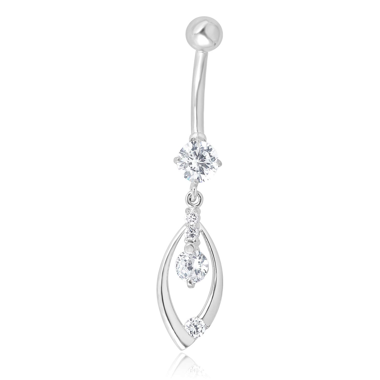 AVORA 10K White Gold Simulated Diamond CZ Dangling Fancy Teardrop Belly Button Ring Body Jewelry (14 Gauge)