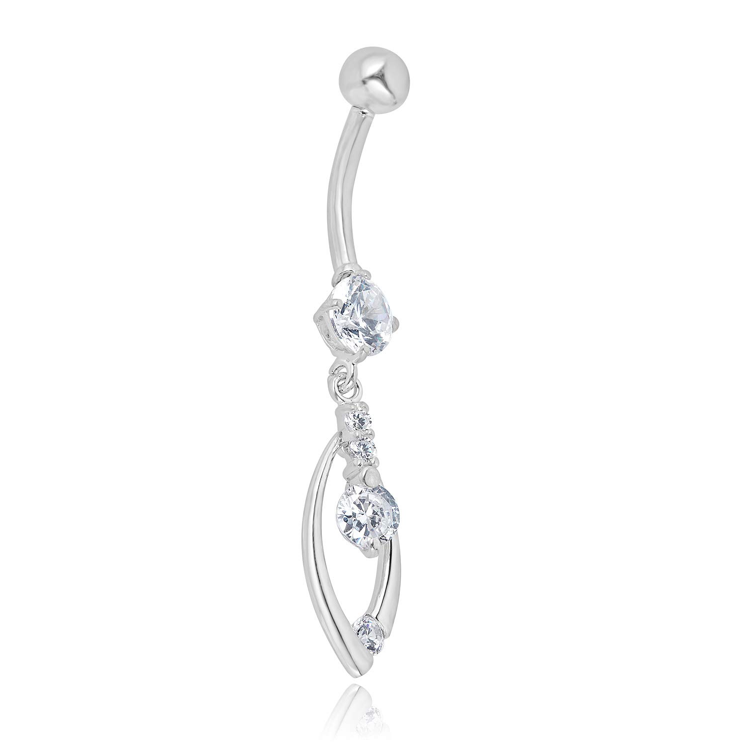 AVORA 10K White Gold Simulated Diamond CZ Dangling Fancy Teardrop Belly Button Ring Body Jewelry (14 Gauge)