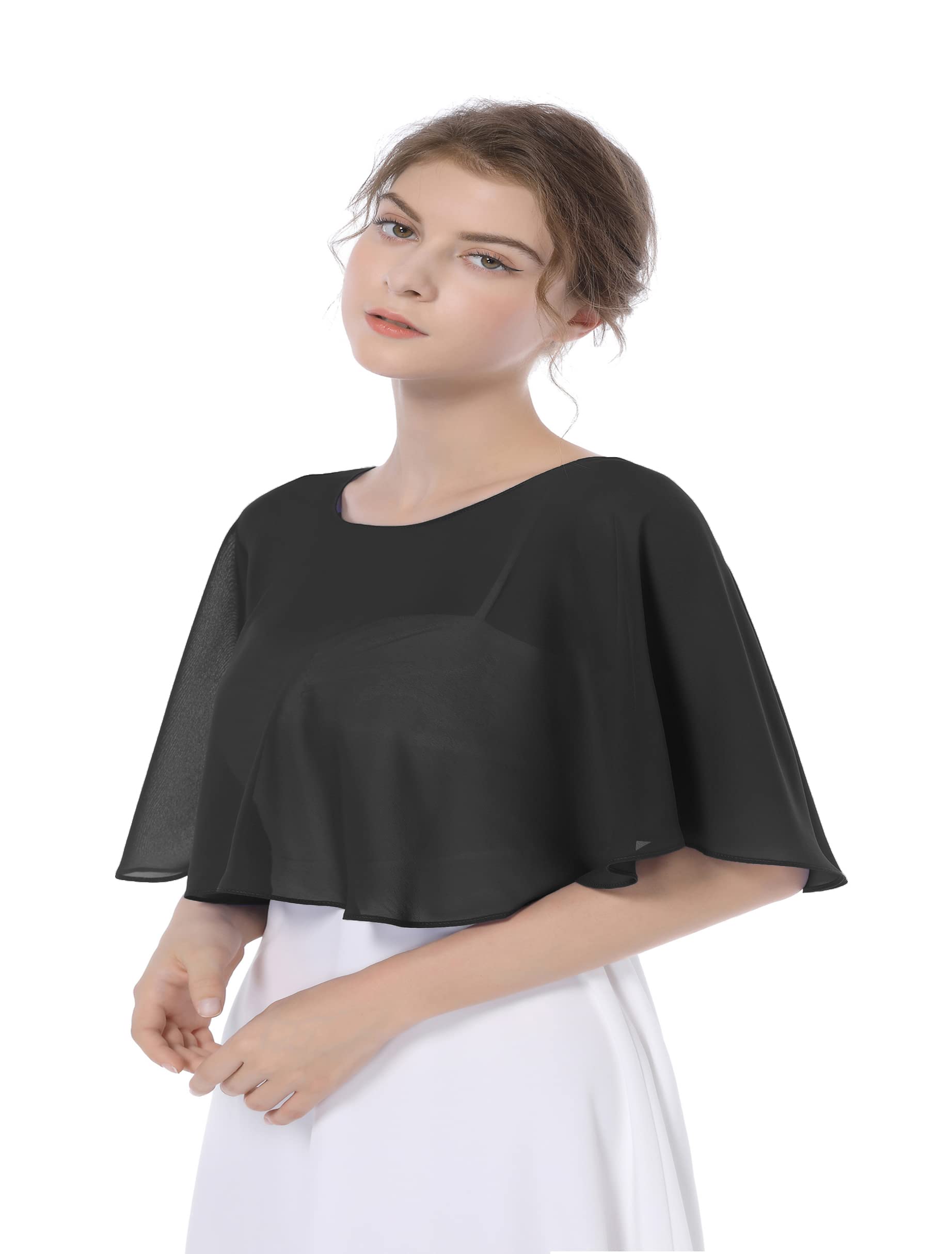 Soft Chiffon Capes Shawls Wraps Shrugs for Dresses Women Capelets Accessories (Black)