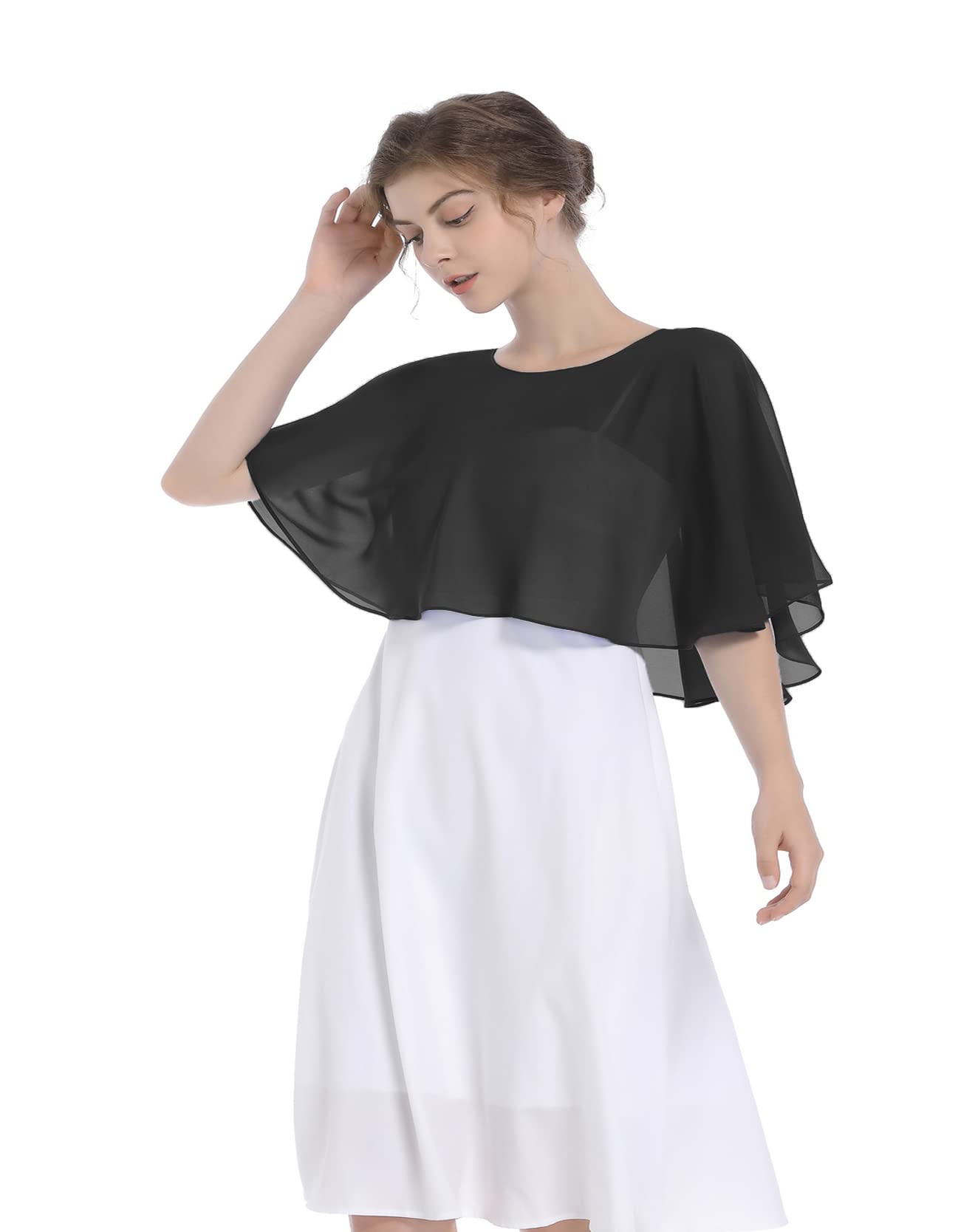 Soft Chiffon Capes Shawls Wraps Shrugs for Dresses Women Capelets Accessories (Black)