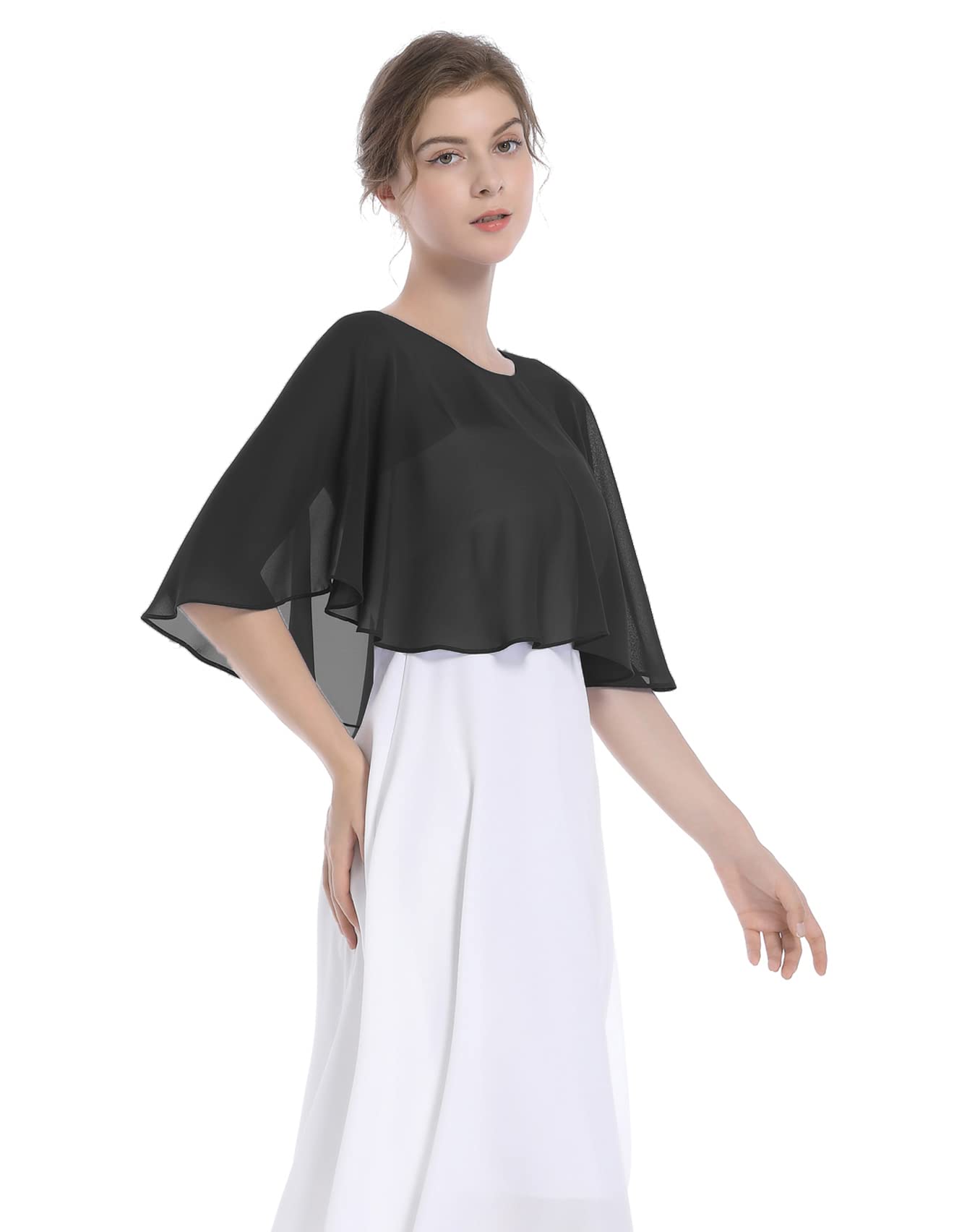 Soft Chiffon Capes Shawls Wraps Shrugs for Dresses Women Capelets Accessories (Black)