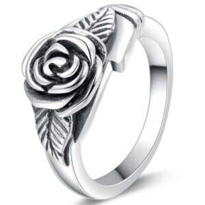 jude jewelers retro vintage stainless steel flower rose promise statement cocktail party ring (oxidized silver, 3)